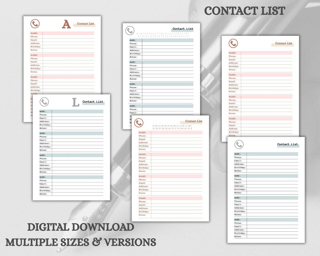 Printable Contact List: Address Book & Phone Directory (digital ...