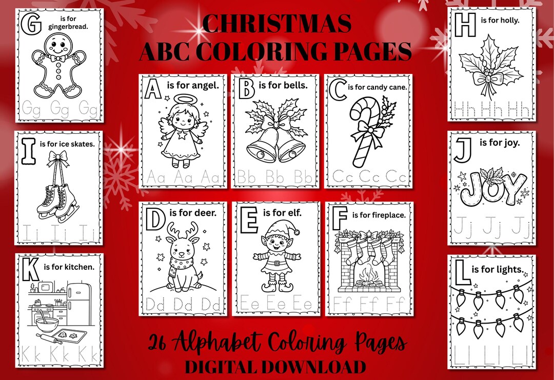 ABC Christmas Coloring Pages for Kids, Alphabet Tracing Worksheets, A-Z ...