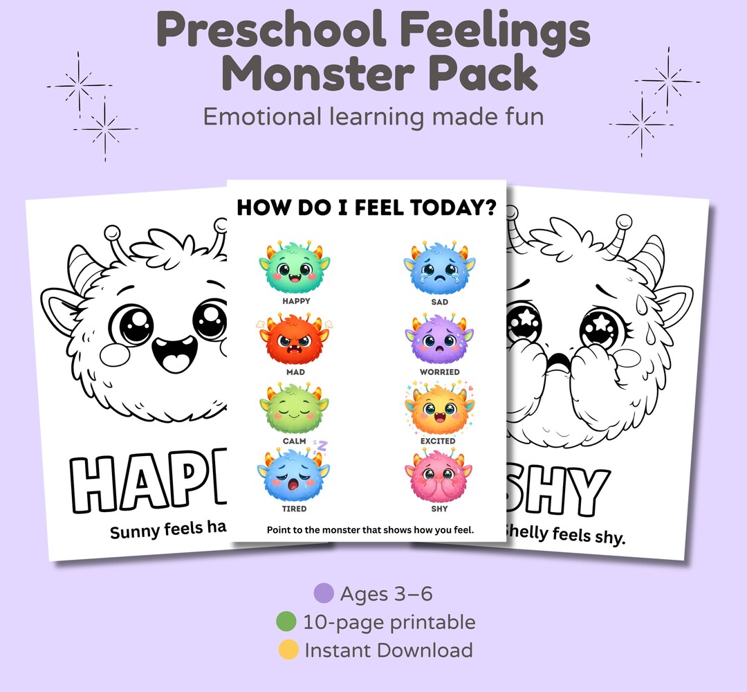 Preschool Feelings Monster Pack | Emotions Chart & Coloring Pages ...