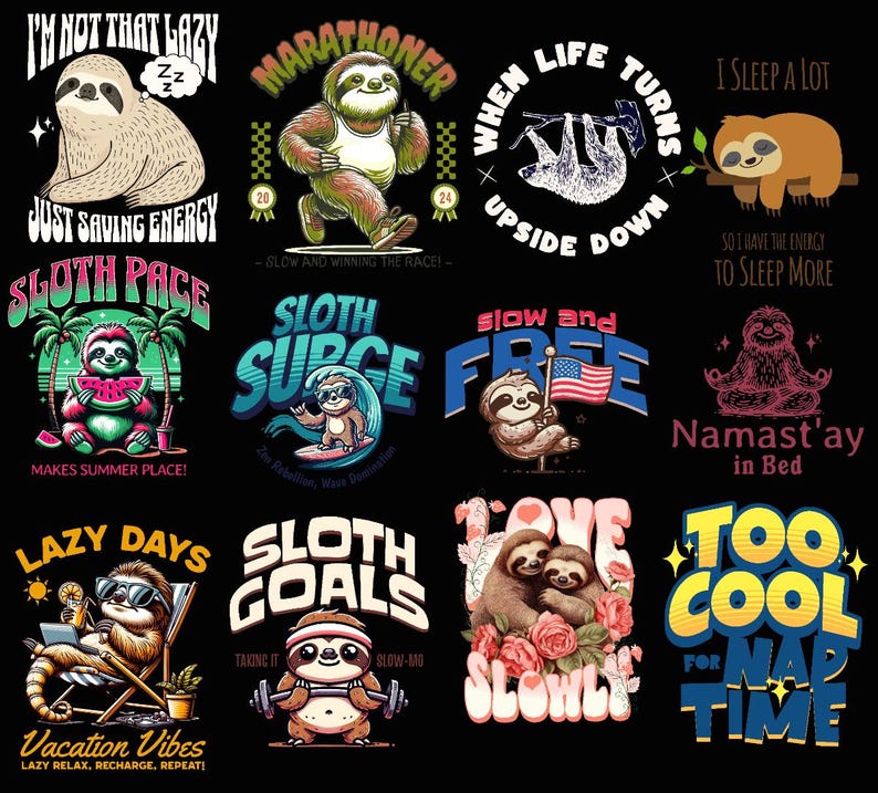 Sloth PNG Bundle | 30+ Retro Streetwear Graphics | Funny Vintage T ...