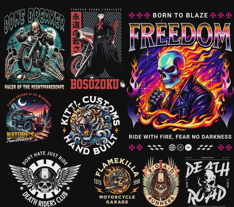 Streetwear Motorcycle Biker T-shirt Bundle | PNG Graphic Pack for Biker ...