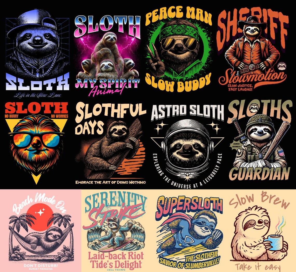 Sloth PNG Bundle | 30+ Retro Streetwear Graphics | Funny Vintage T ...