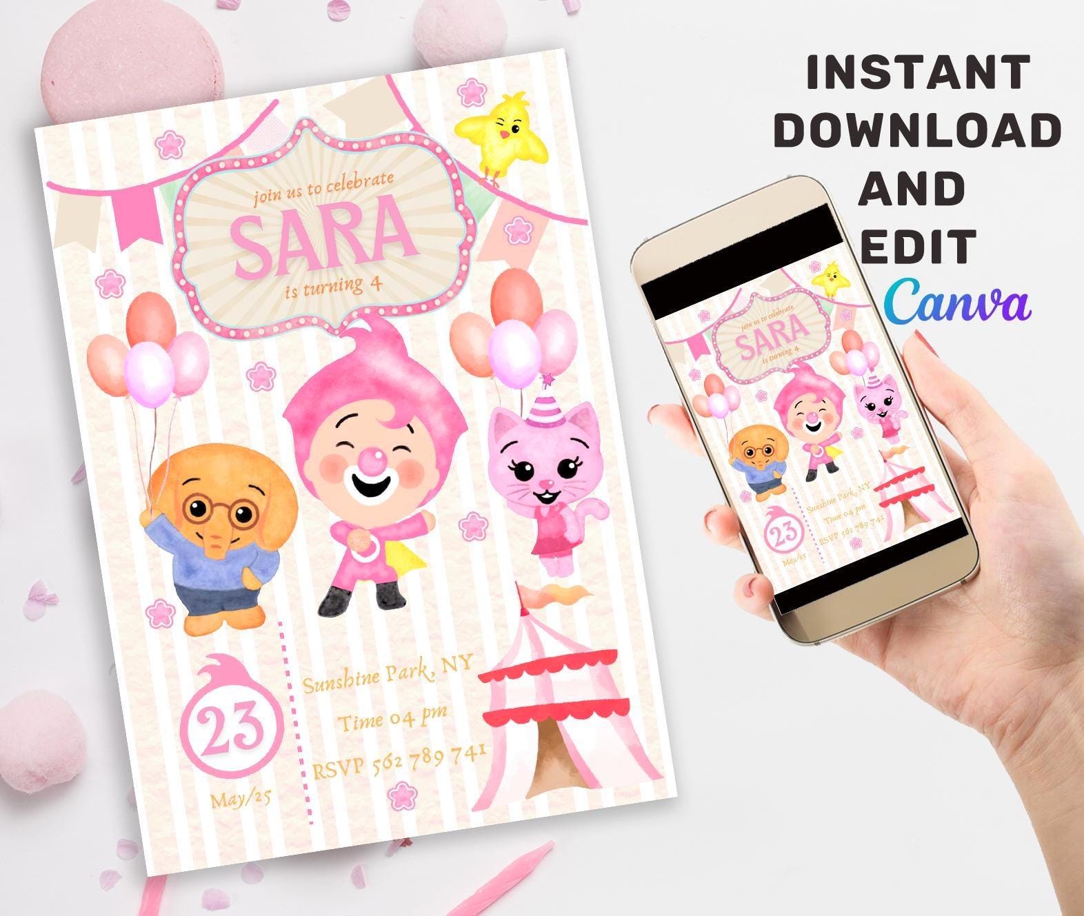 Editable Birthday Invitation Plim Plim Girls, Cute Watercolor Animals ...