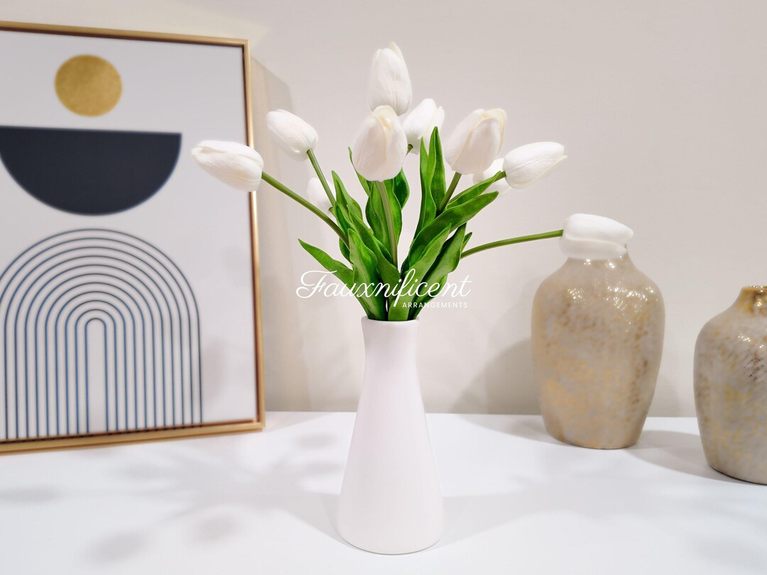 Real Touch White Tulip Faux Flower Arrangement in Modern White Beaker ...