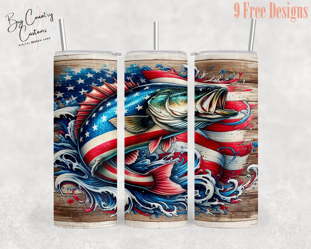 Patriotic Fish Tumbler Wrap: Camo Walleye, American Flag (PNG Digital ...