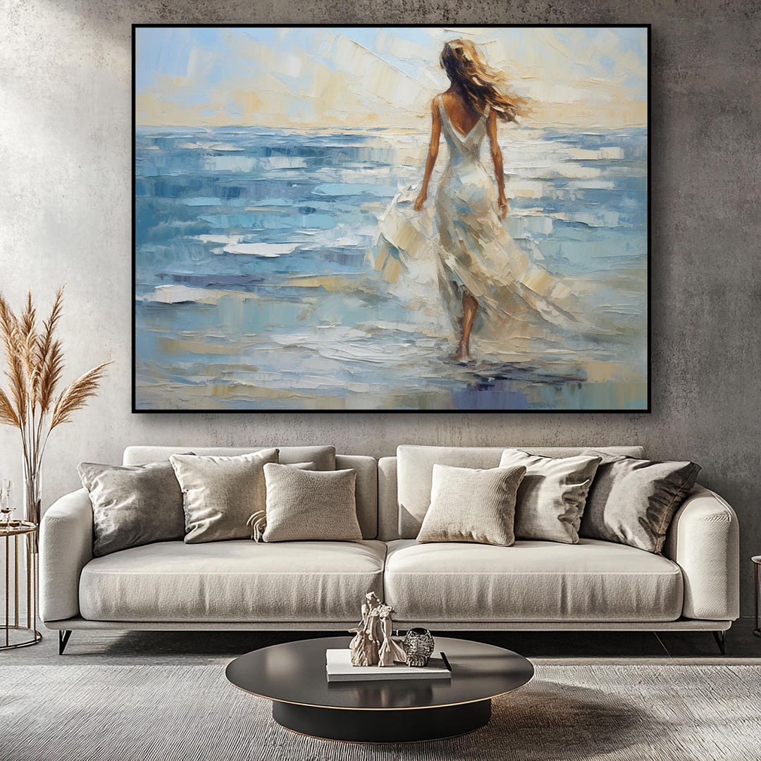 Textured Oil Painting on Canvas, Woman on Beach, Ocean Landscape - Etsy