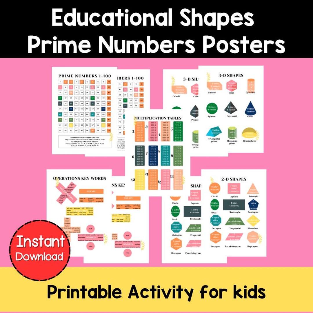 Educational Shapes & Prime Numbers Poster Set – 5 Printable Math Wall ...
