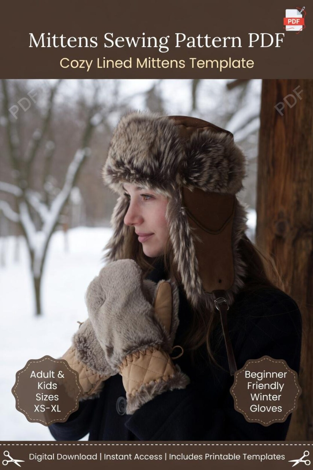 Rustic Fur Mitten Sewing Pattern – Leather Palm Winter Gloves (PDF ...