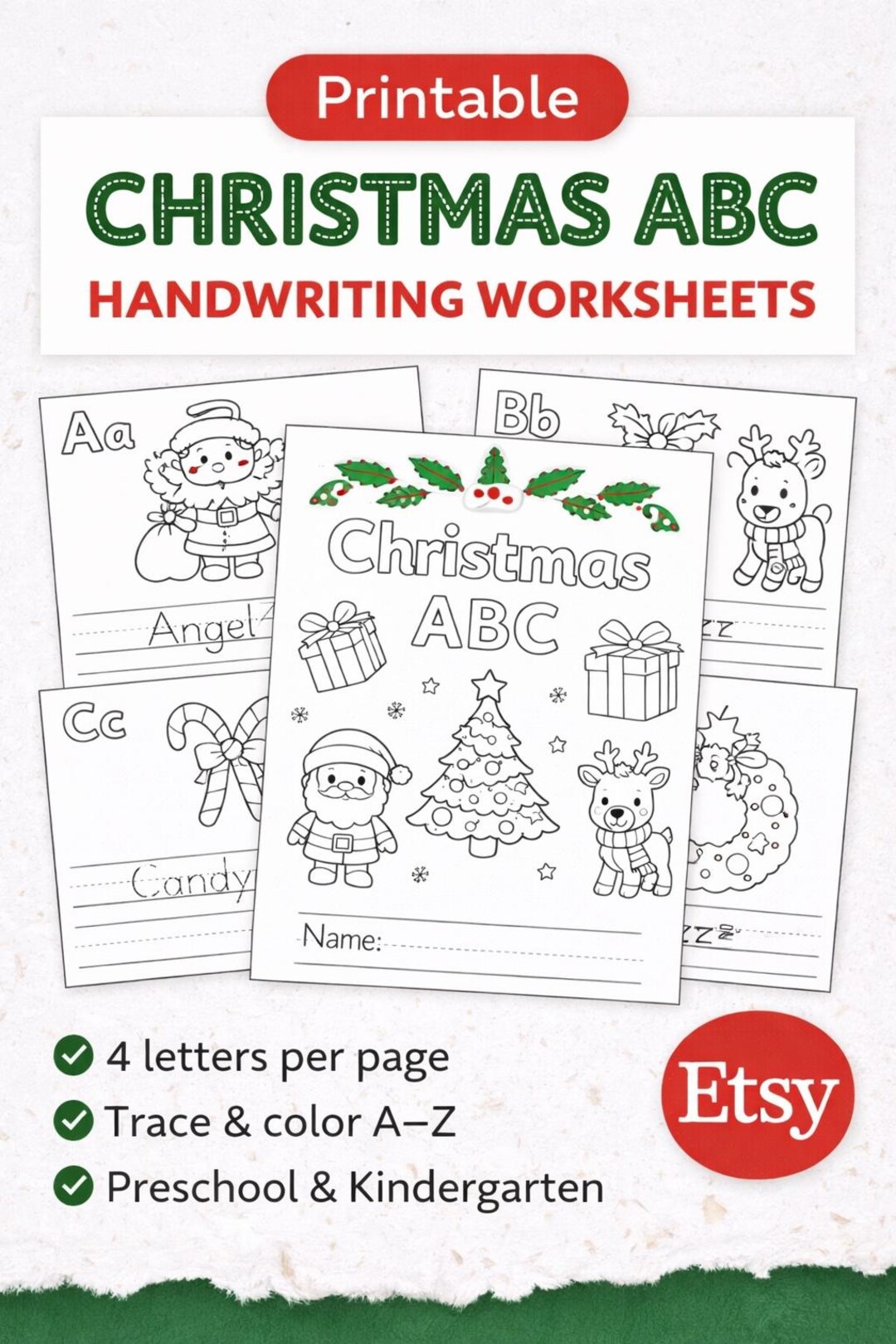 Christmas ABC Handwriting Worksheets | Alphabet Tracing A–Z | Preschool ...