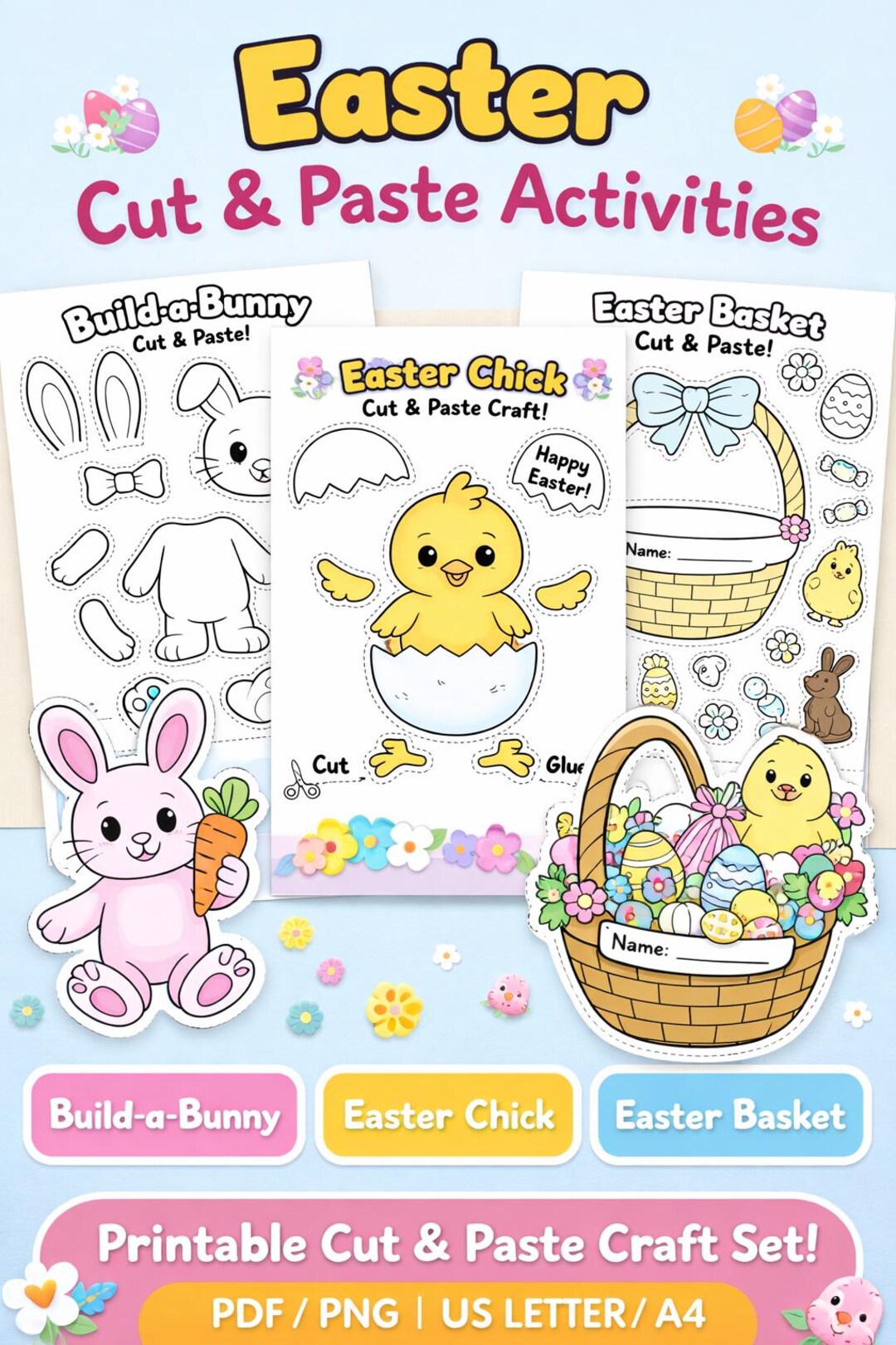 Easter Cut and Paste Activities for Kids - Bunny, Chick, Basket Crafts ...