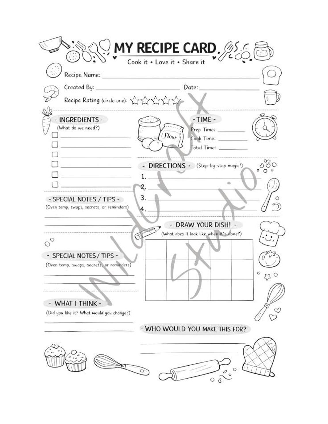 Ink Saving Recipe Card Template | Kids Cooking Worksheet (digital ...