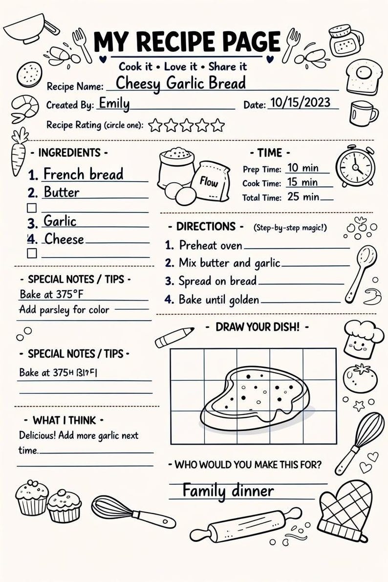 Ink Saving Recipe Card Template | Kids Cooking Worksheet (digital ...