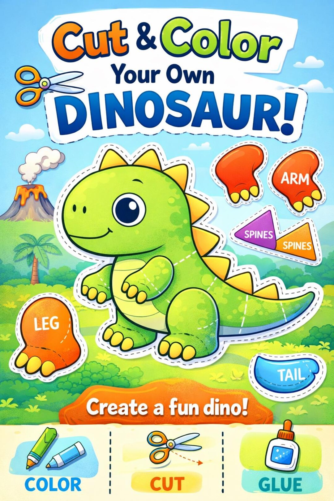 Cut and Color Dinosaur Craft | Printable Kids Activity | Build a ...