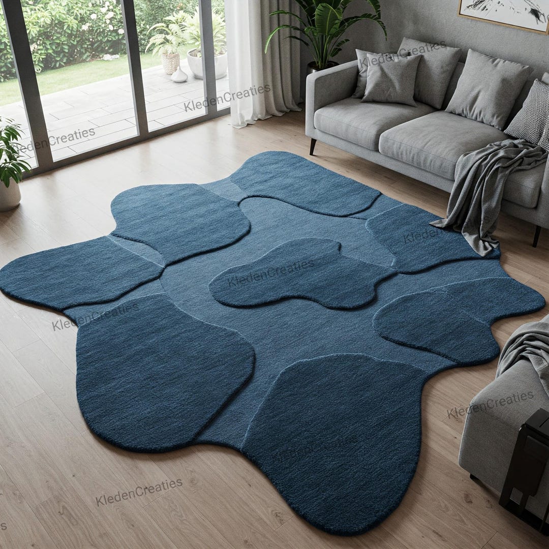 Modern Blue Abstract Stone Pattern Hand Tufted Irregular Wool Rugs for ...