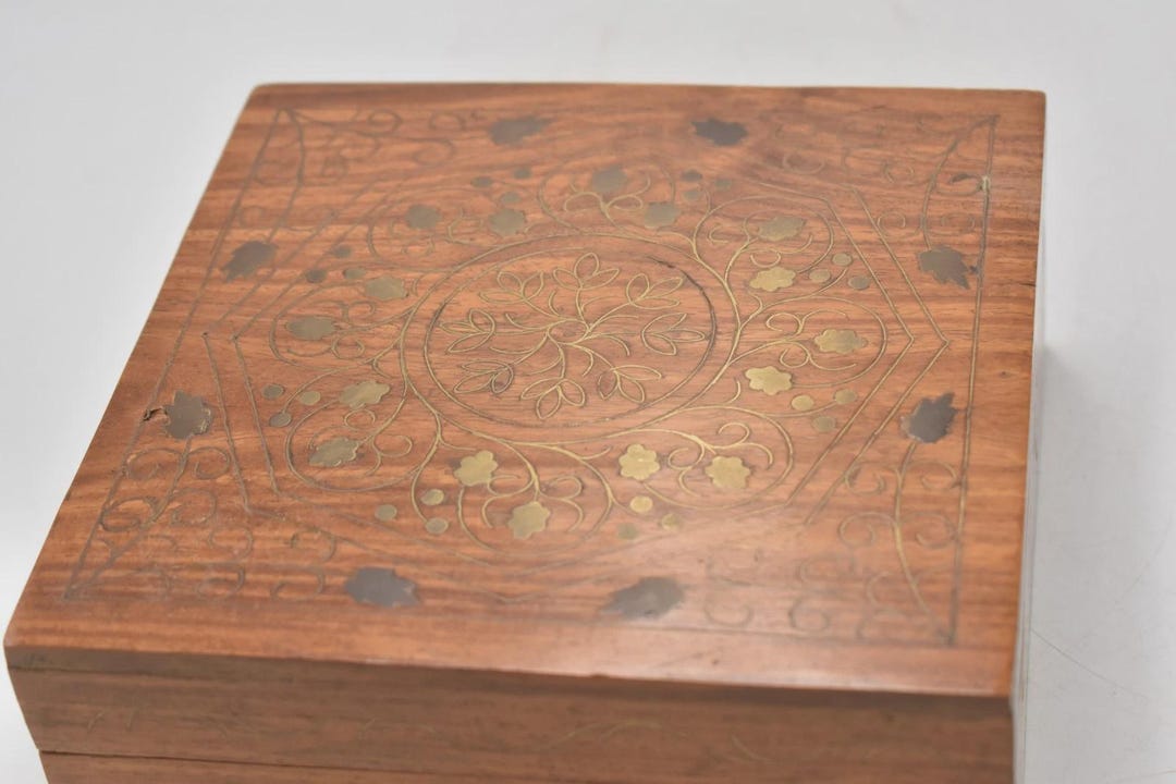 Vintage Sheesham Wood Brass Inlaid Box – Leaves & Flowers Design – 18cm ...