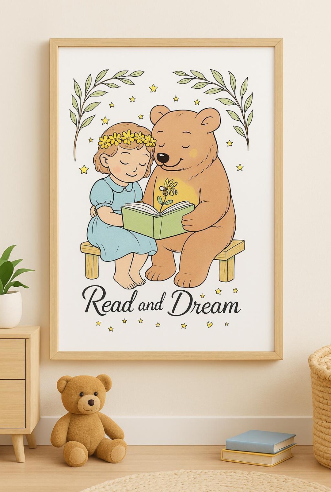 Girl and Bear Coloring Poster: Kids Room Wall Art (PDF + PNG) - Etsy