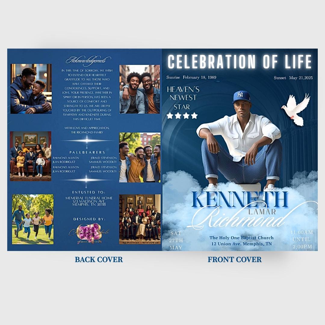Blue Heaven's Star Funeral Program Template: 8-page Canva Memorial (8 ...