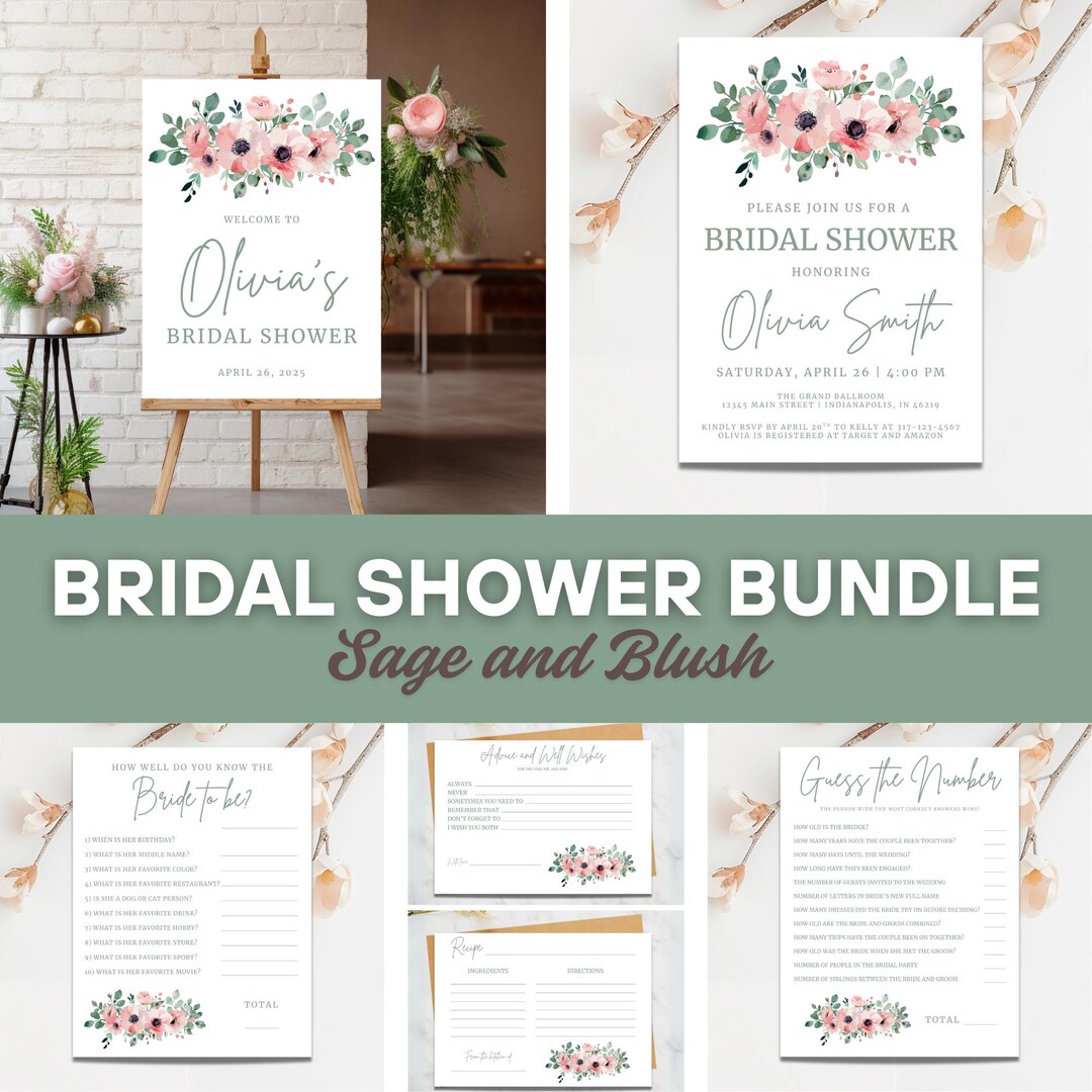 Bridal Shower Bundle | Sage and Blush | FULL SET - Etsy