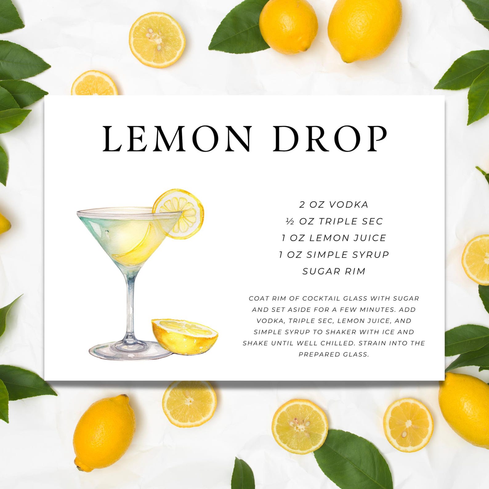 Lemon Drop Cocktail Recipe Card | Printable Bar Art | 3 Different Sizes ...