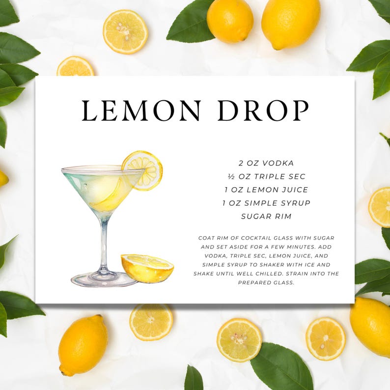 Lemon Drop Cocktail Recipe Card | Printable Bar Art | 3 Different Sizes ...