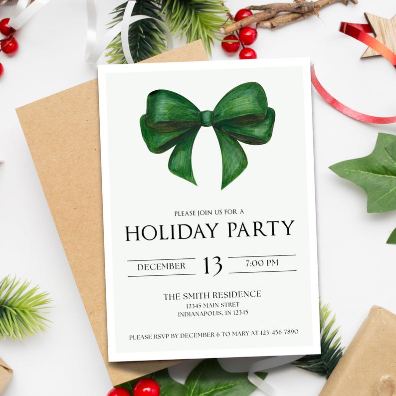 Holiday Party Invitation | Green Bow | Simplistic - Etsy