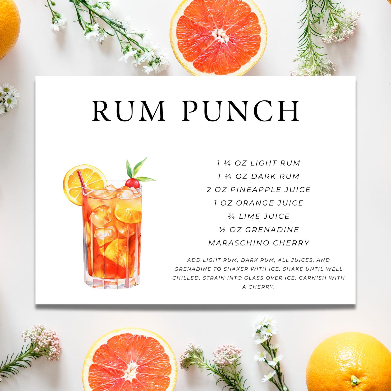 Rum Punch Cocktail Recipe Card | Recipe Card - Etsy