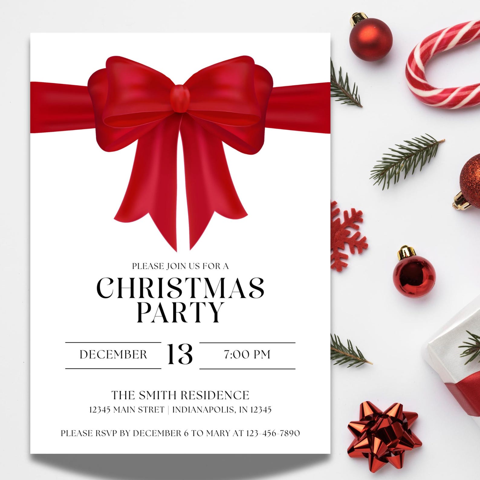 Christmas Party Invitation | Red Bow | Simplistic - Etsy