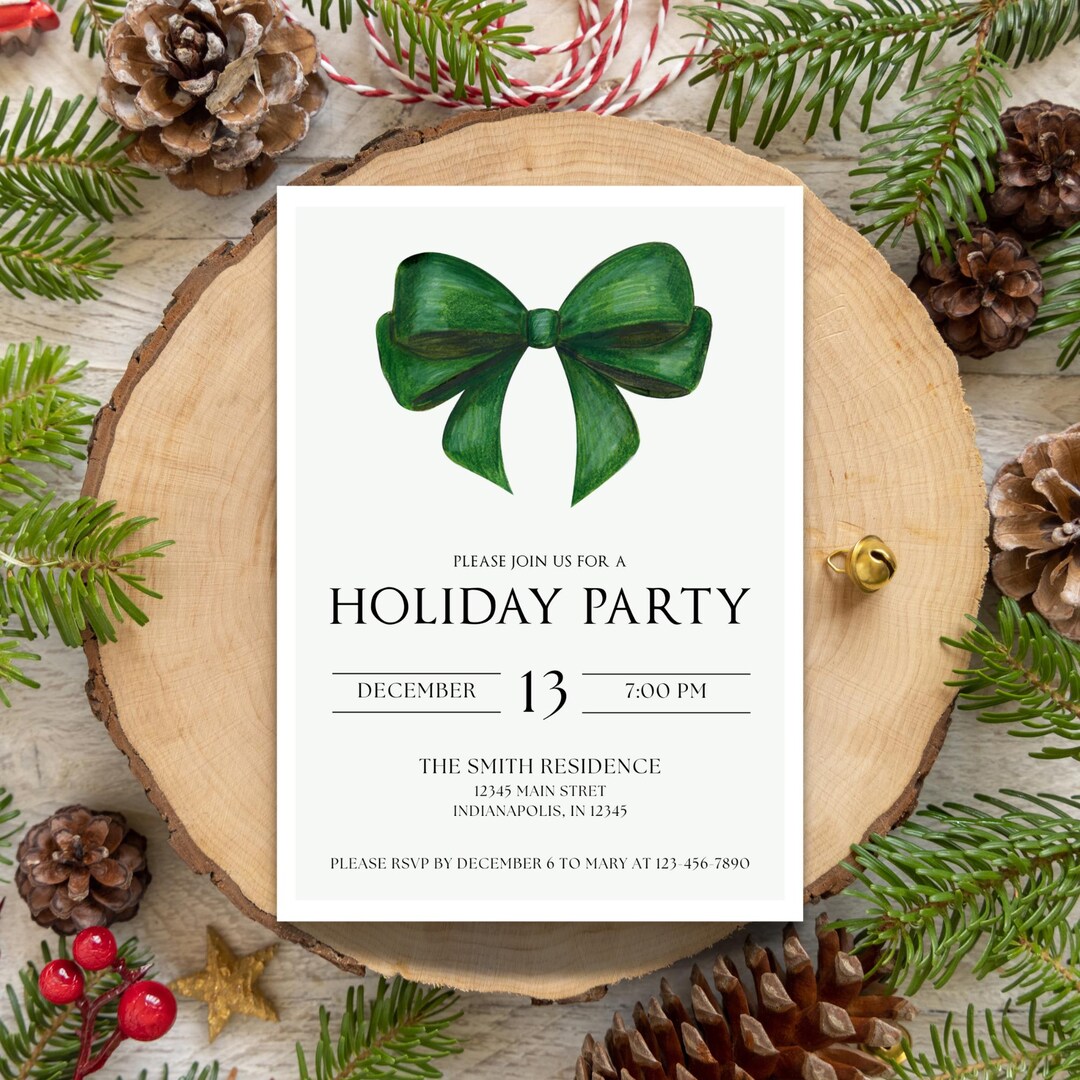 Holiday Party Invitation | Green Bow | Simplistic - Etsy