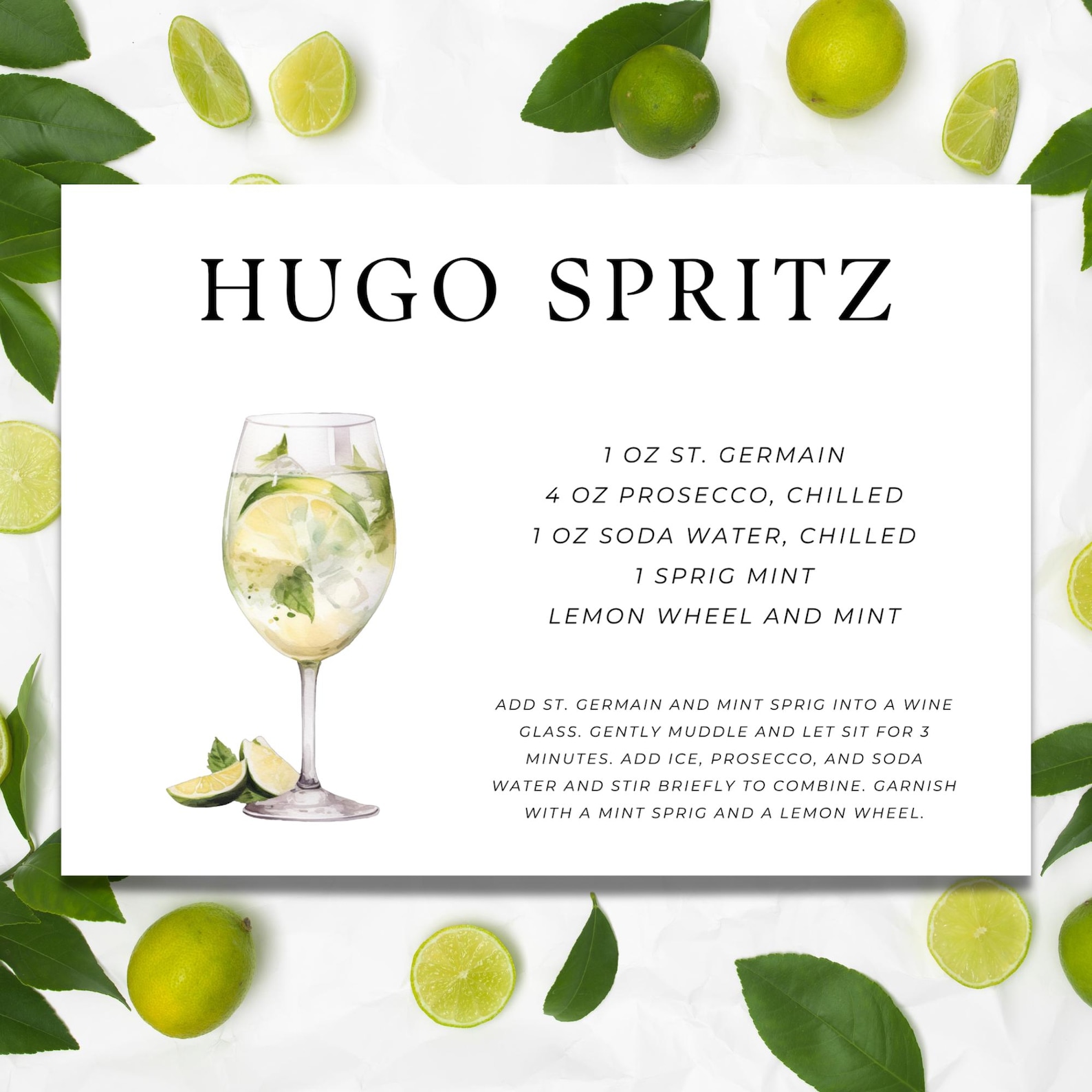 Hugo Spritz Cocktail Recipe Card | 3 Different Sizes Included in ...