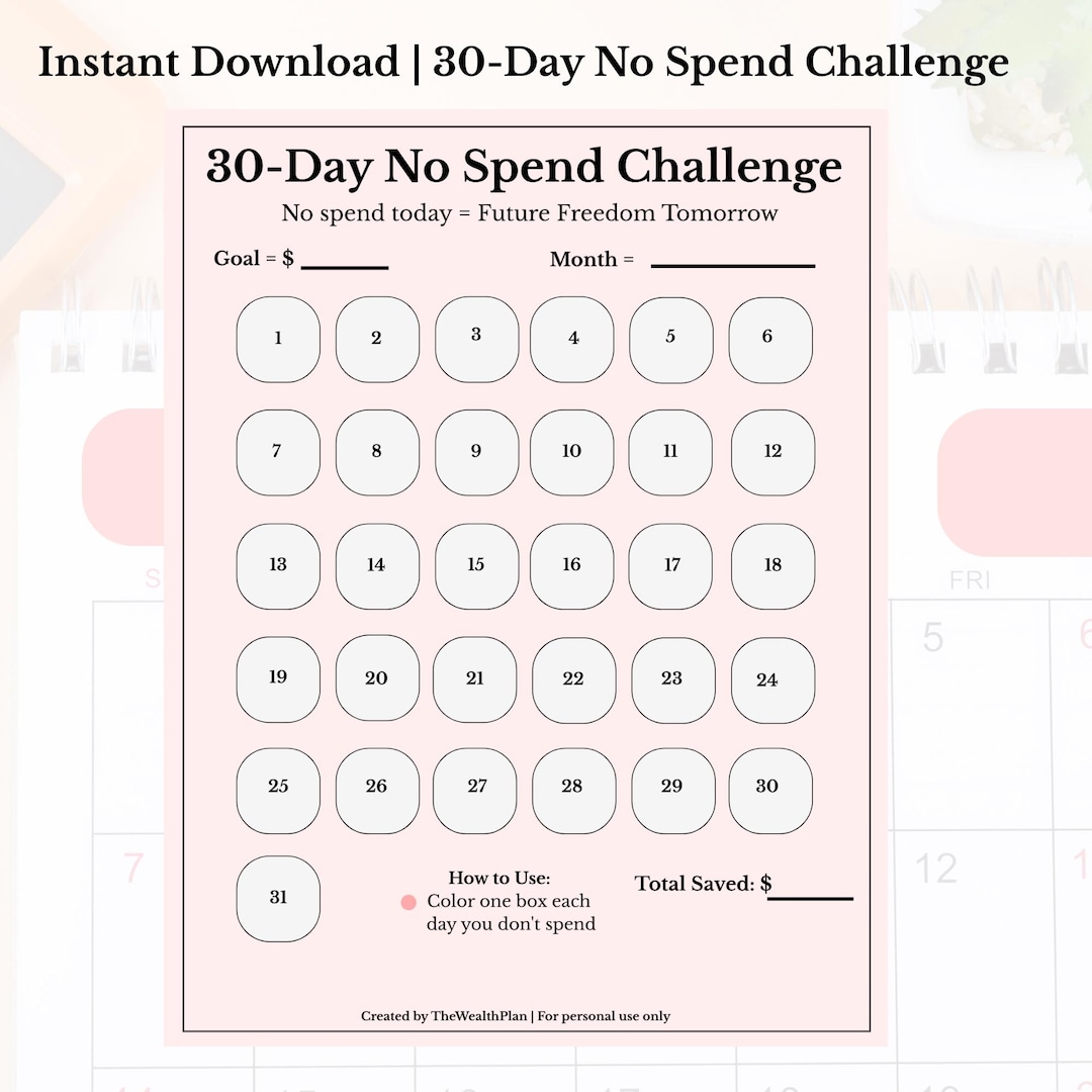 30-day No Spend Challenge Tracker – Budget Printable PDF - Etsy