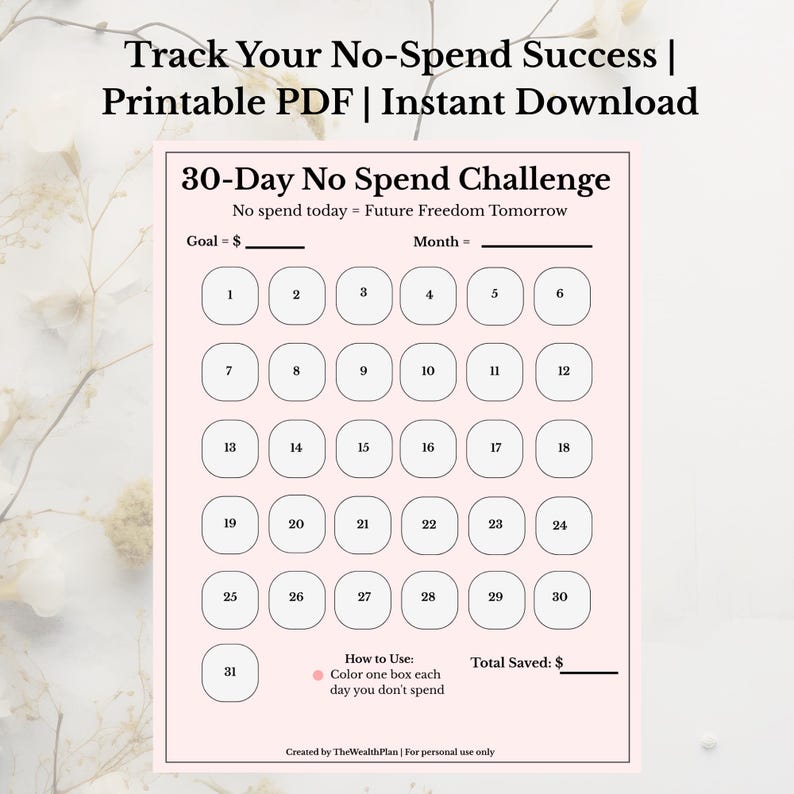 30-day No Spend Challenge Tracker – Budget Printable PDF - Etsy