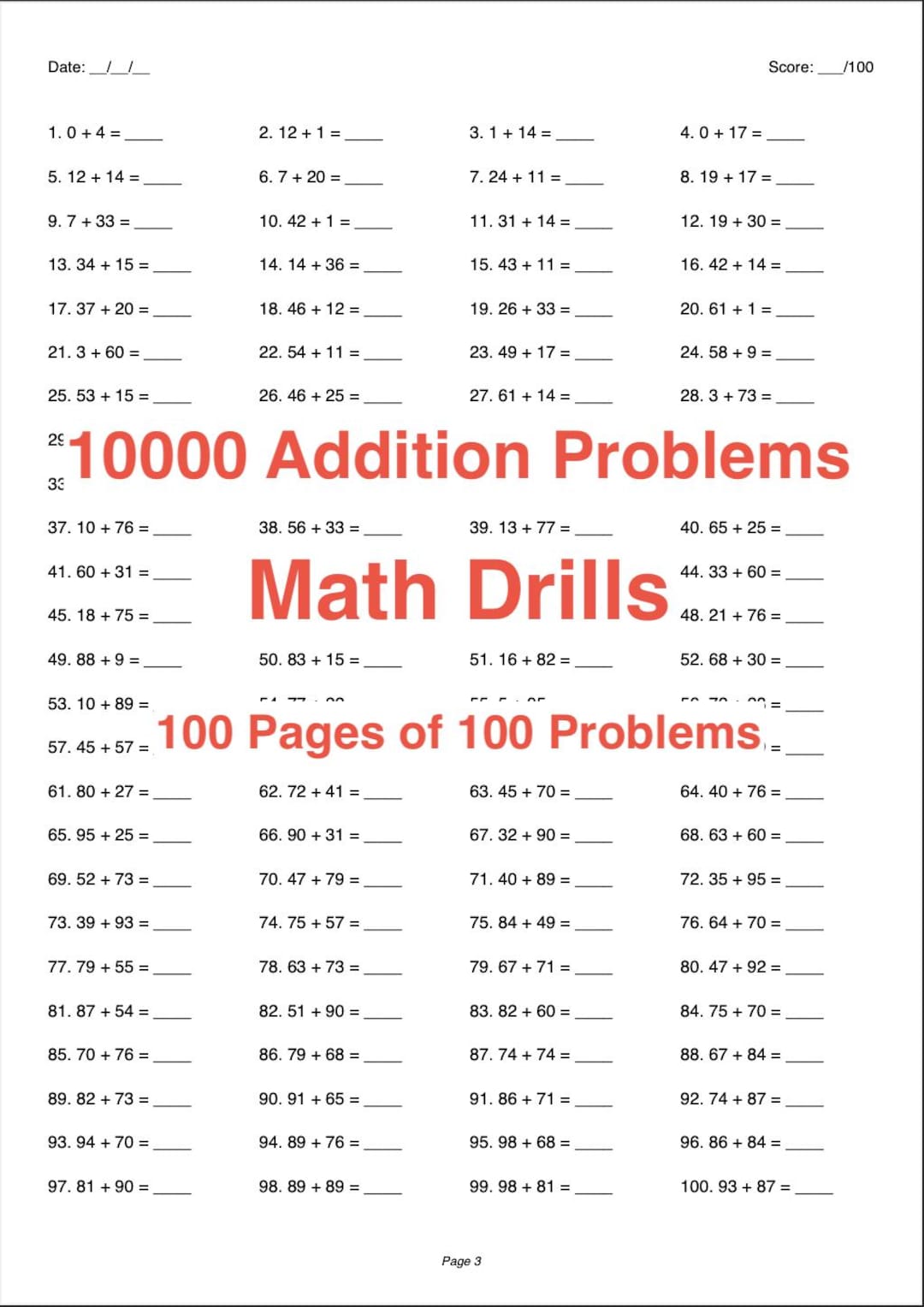 10000 Addition Worksheets - Math Worksheet - Printable - Instant ...