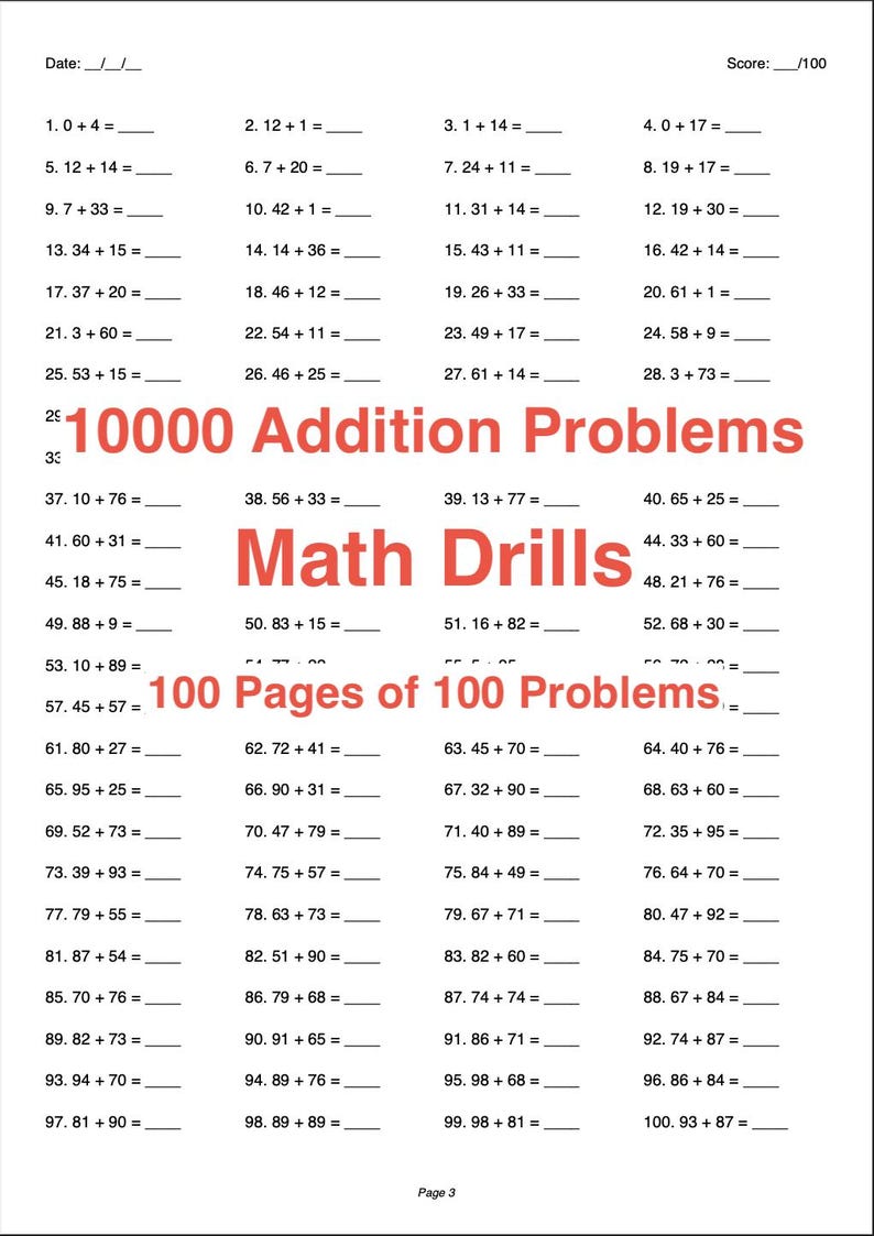10000 Addition Worksheets - Math Worksheet - Printable - Instant ...