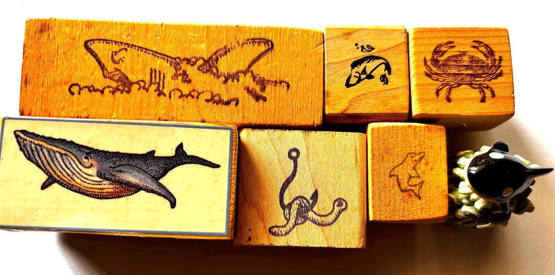 Lot of (7) Vintage Sea Creatures Fish Whale Shark Wood Block Rubber ...
