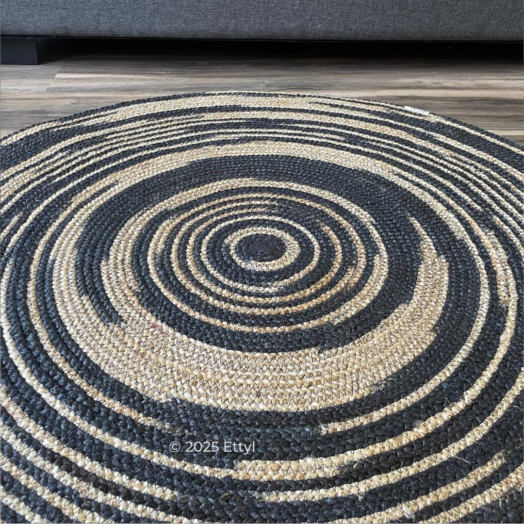 Handwoven Round Jute Rug: Black & Natural Spiral Braided Area Mat - Etsy