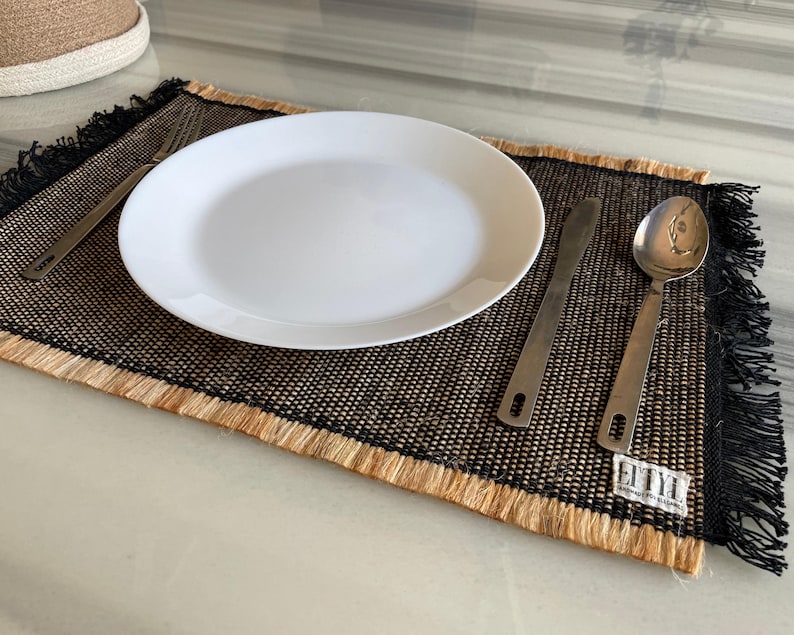 Hand-loomed Jute Placemats – Black & Natural Woven Table Mats With ...