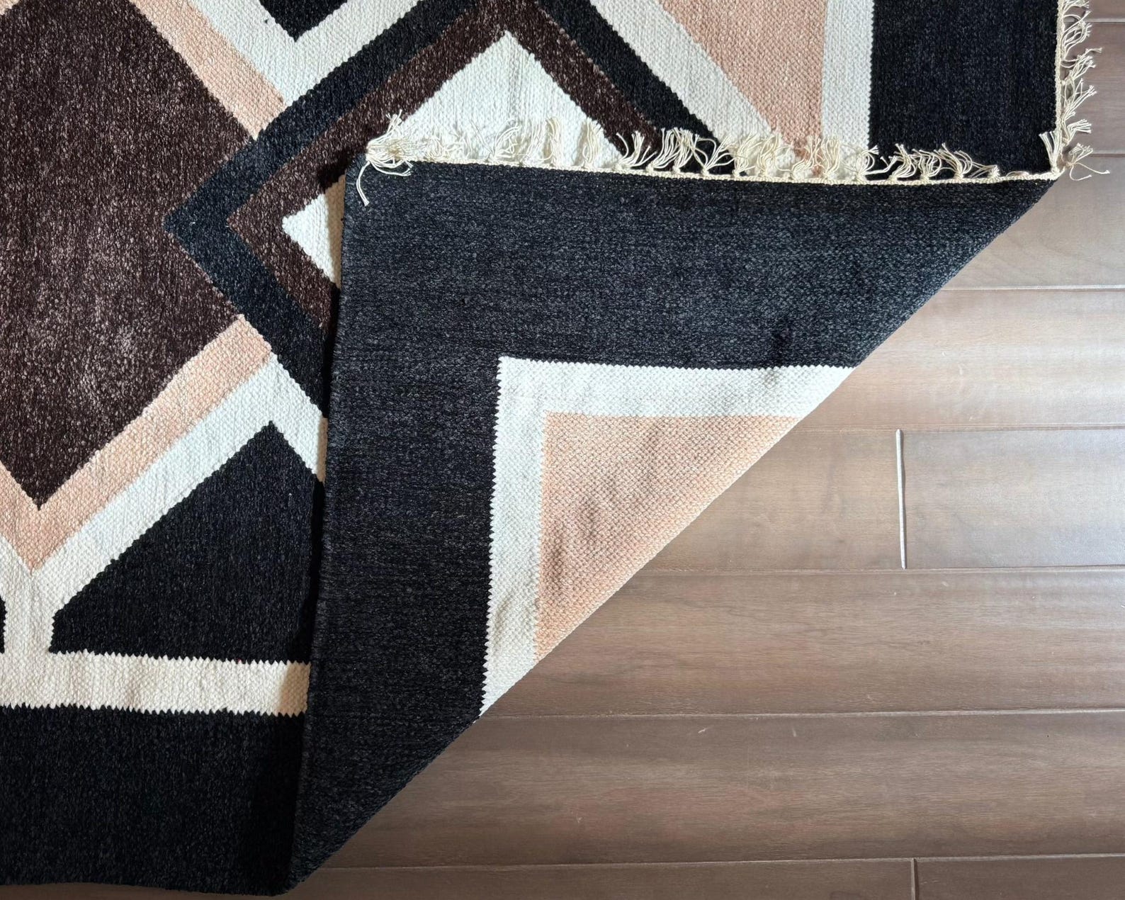 Handloomed Chenille Area Rug: Black, Beige Geometric Diamond Pattern - Etsy