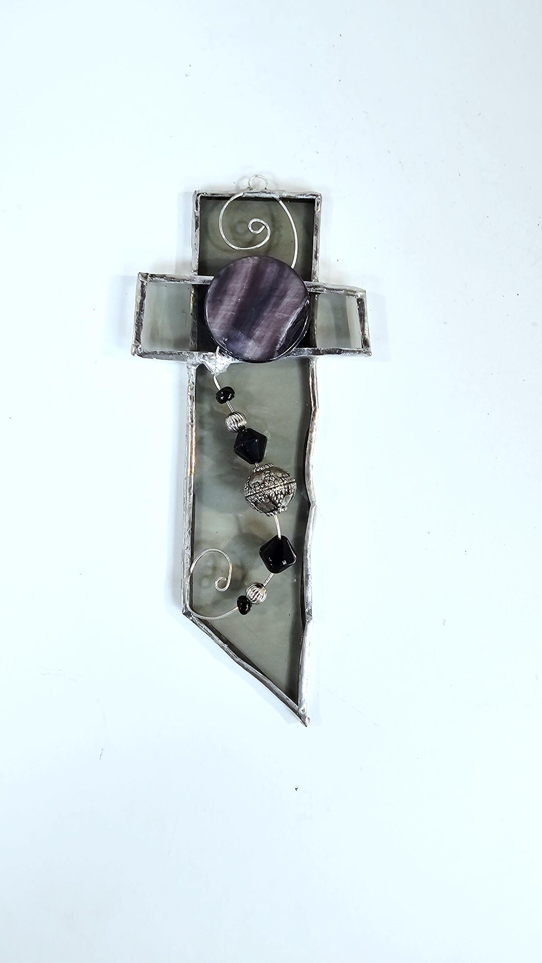 Stained Glass Cross, Grey Glass, Wall Hanging, Suncatcher, Crucifix ...