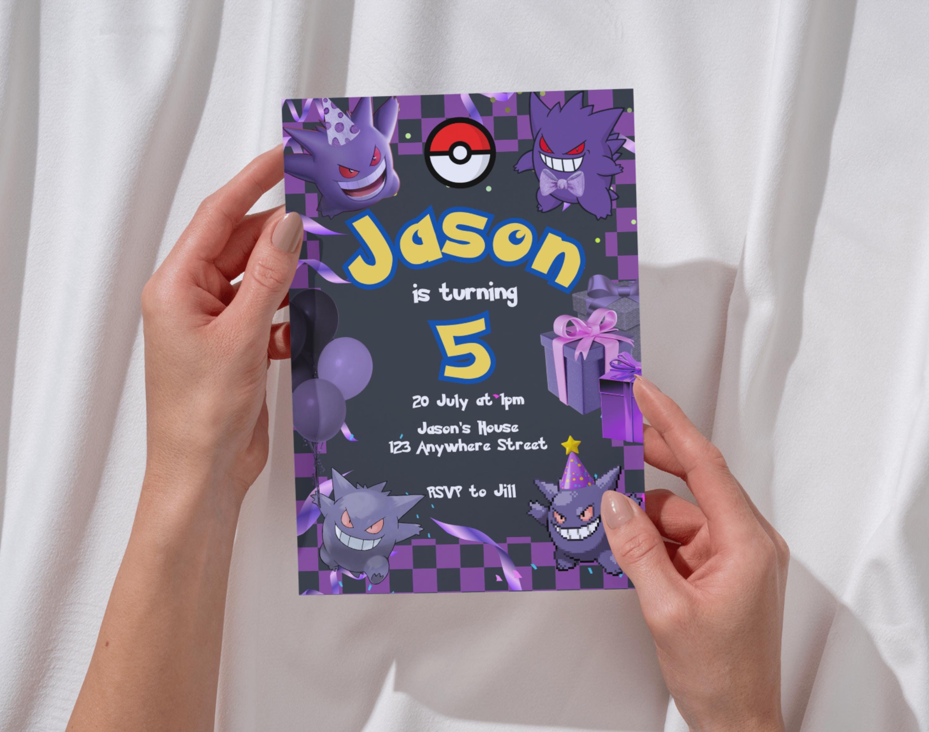 Pokemon Gengar Birthday Invitation, Editable Pokemon Theme Invite, Kids ...