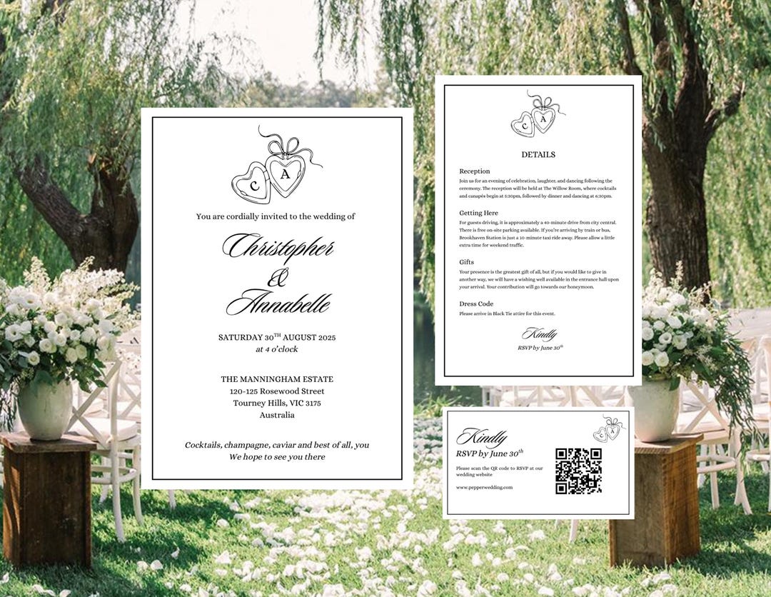 Elegant Chic Black White Heart Locket Wedding Suite Editable Template W ...