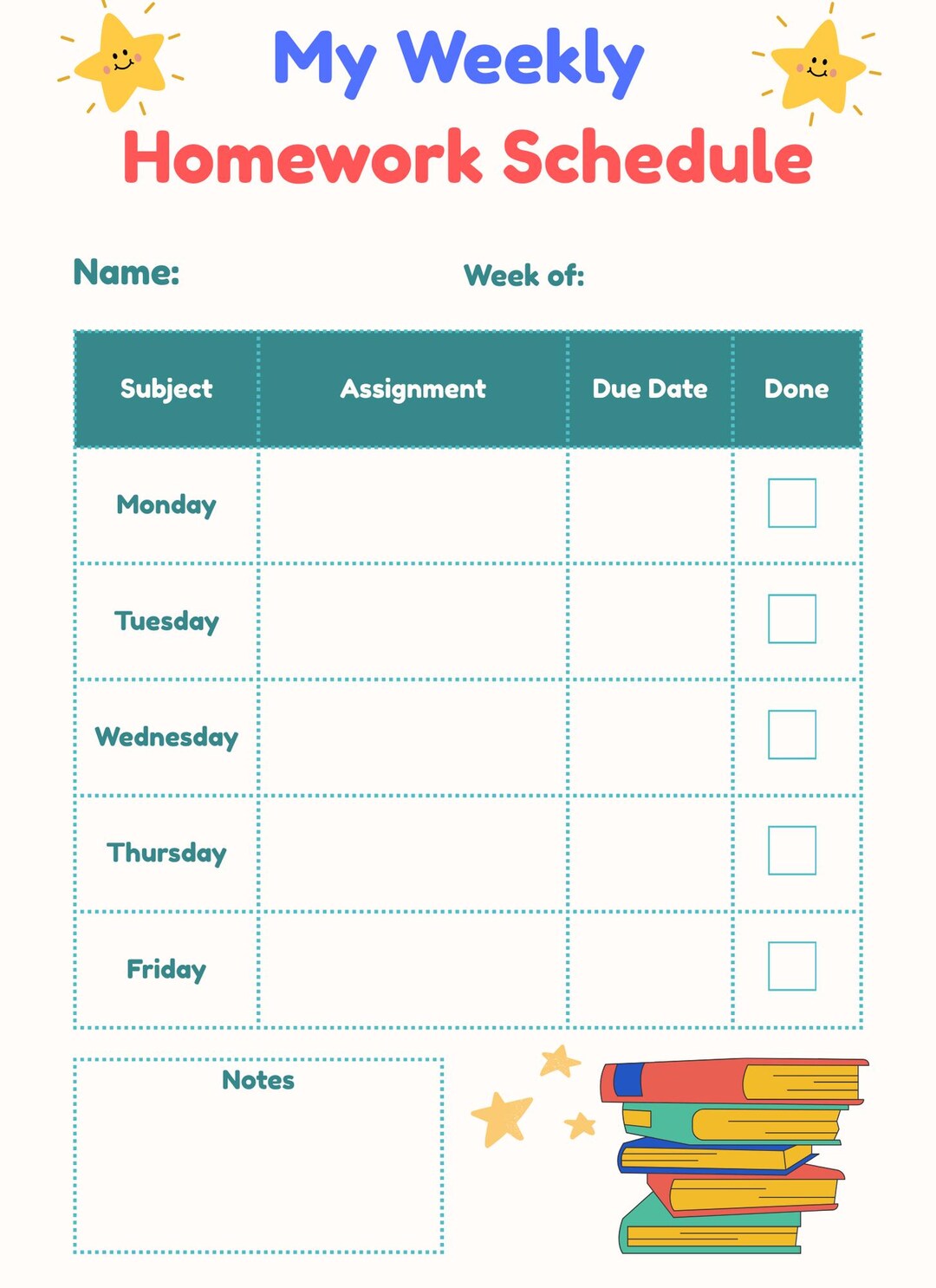 Homework Schedule Template - Etsy
