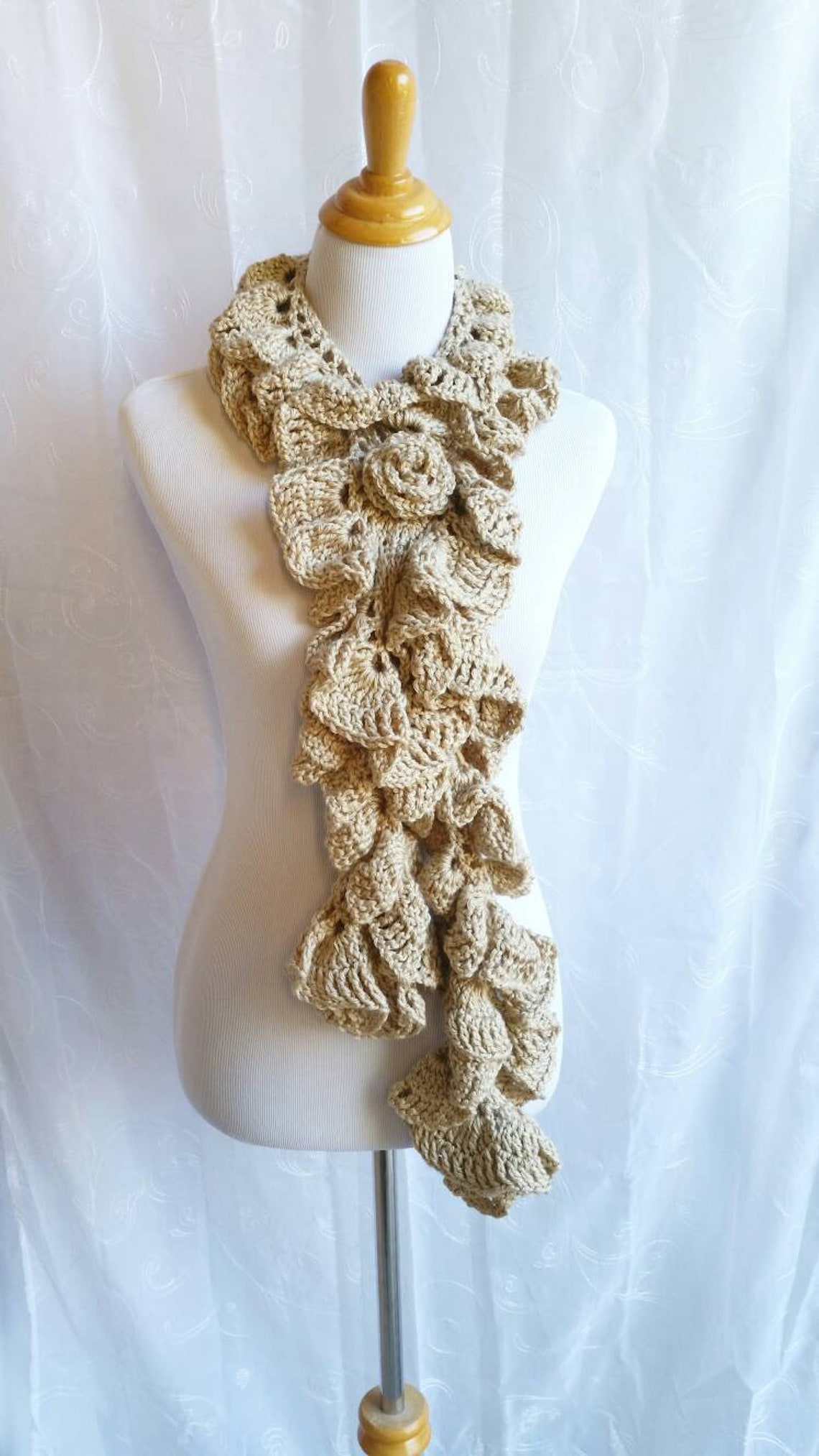 Womens Crochet Scarf, Crochet Scarf, Beaded Scarf, Beige Scarf, Flower ...