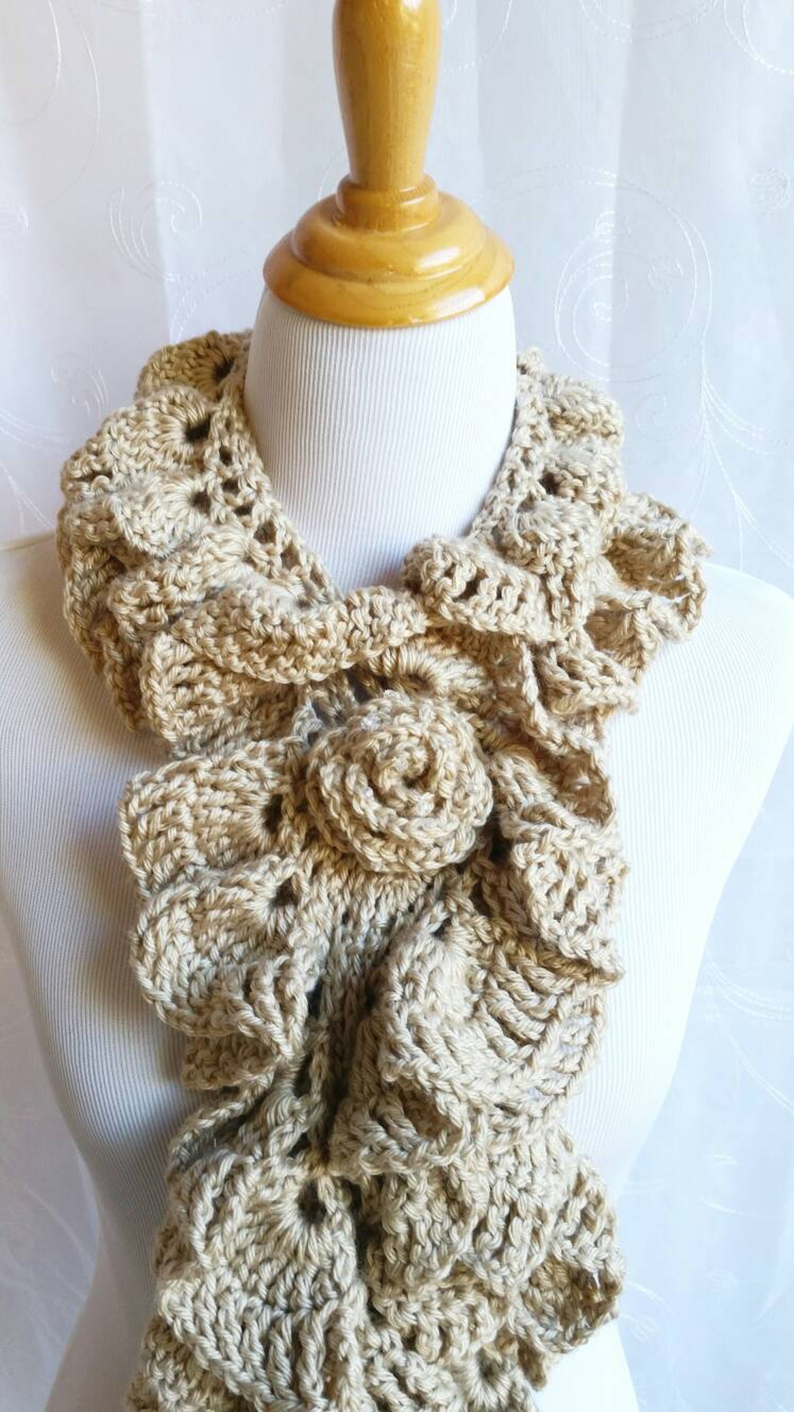 Womens Crochet Scarf, Crochet Scarf, Beaded Scarf, Beige Scarf, Flower ...