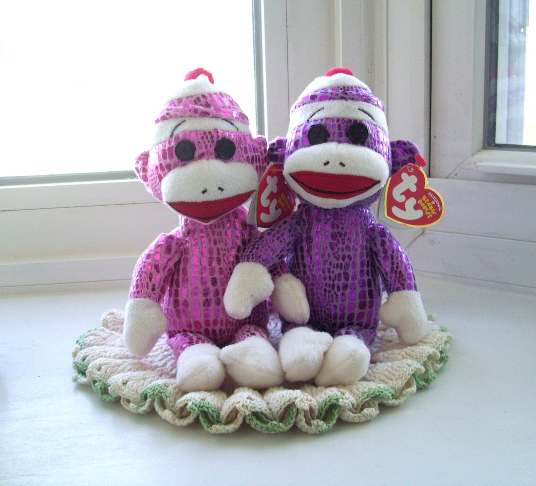 2 TY Sock Monkeys Shiny Sparkle Pink and Purple Easter Basket - Etsy