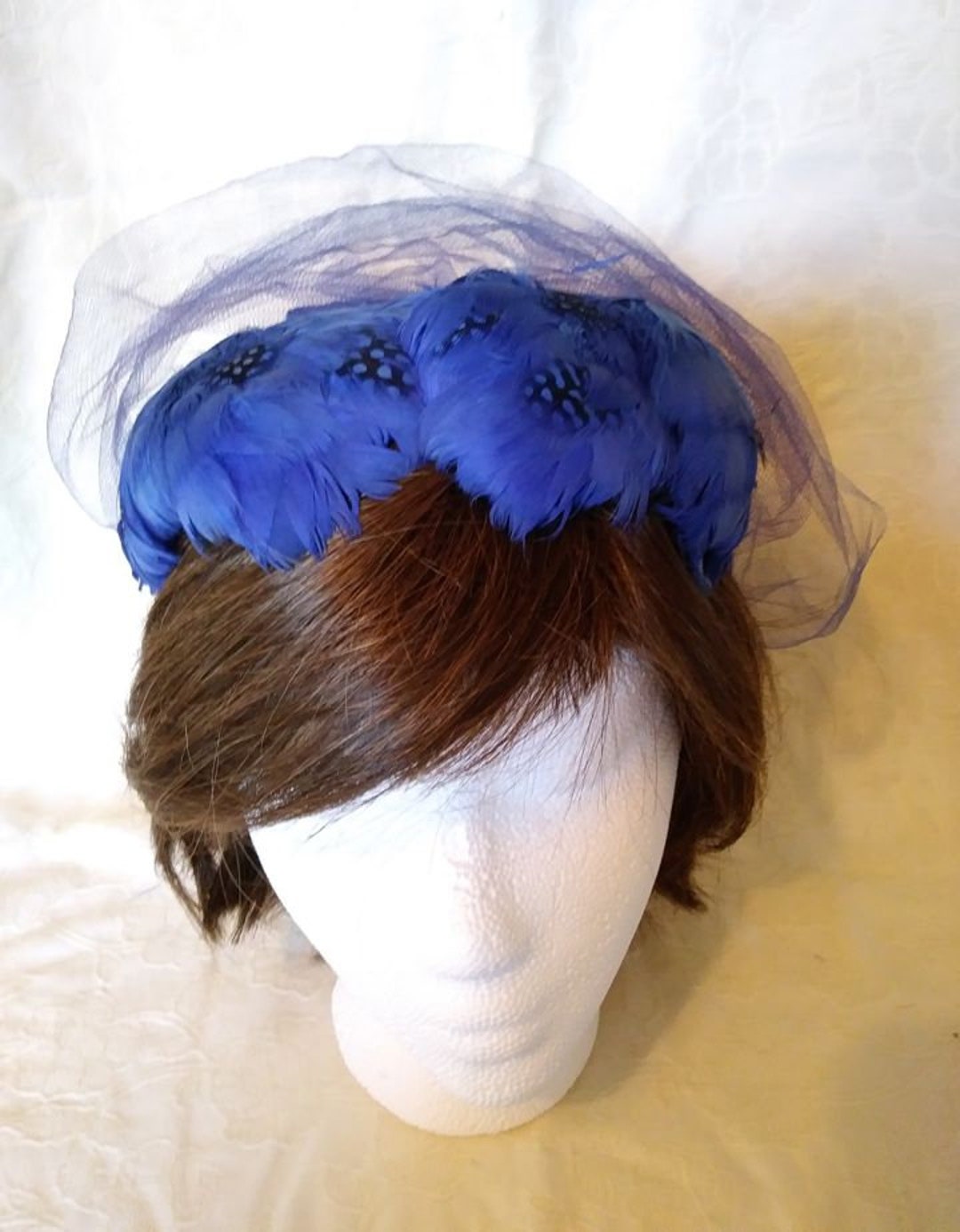 Vintage Blue Feather Fascinator Hat With Blue Velvet Bow and Veil - Etsy