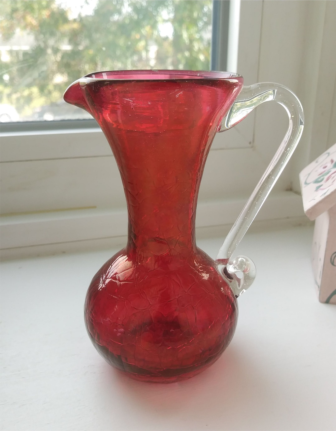 Rainbow Glass Red Pitcher Clear Applied Handle Crackle Pattern - Etsy