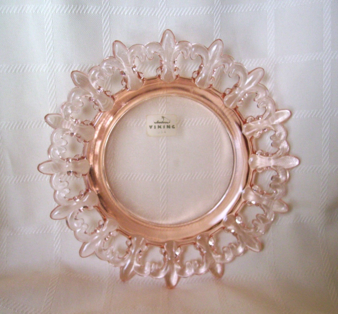 Rare Viking Glass Peach Fleur De Lis Lace Edge Plate HTF Pink - Label ...