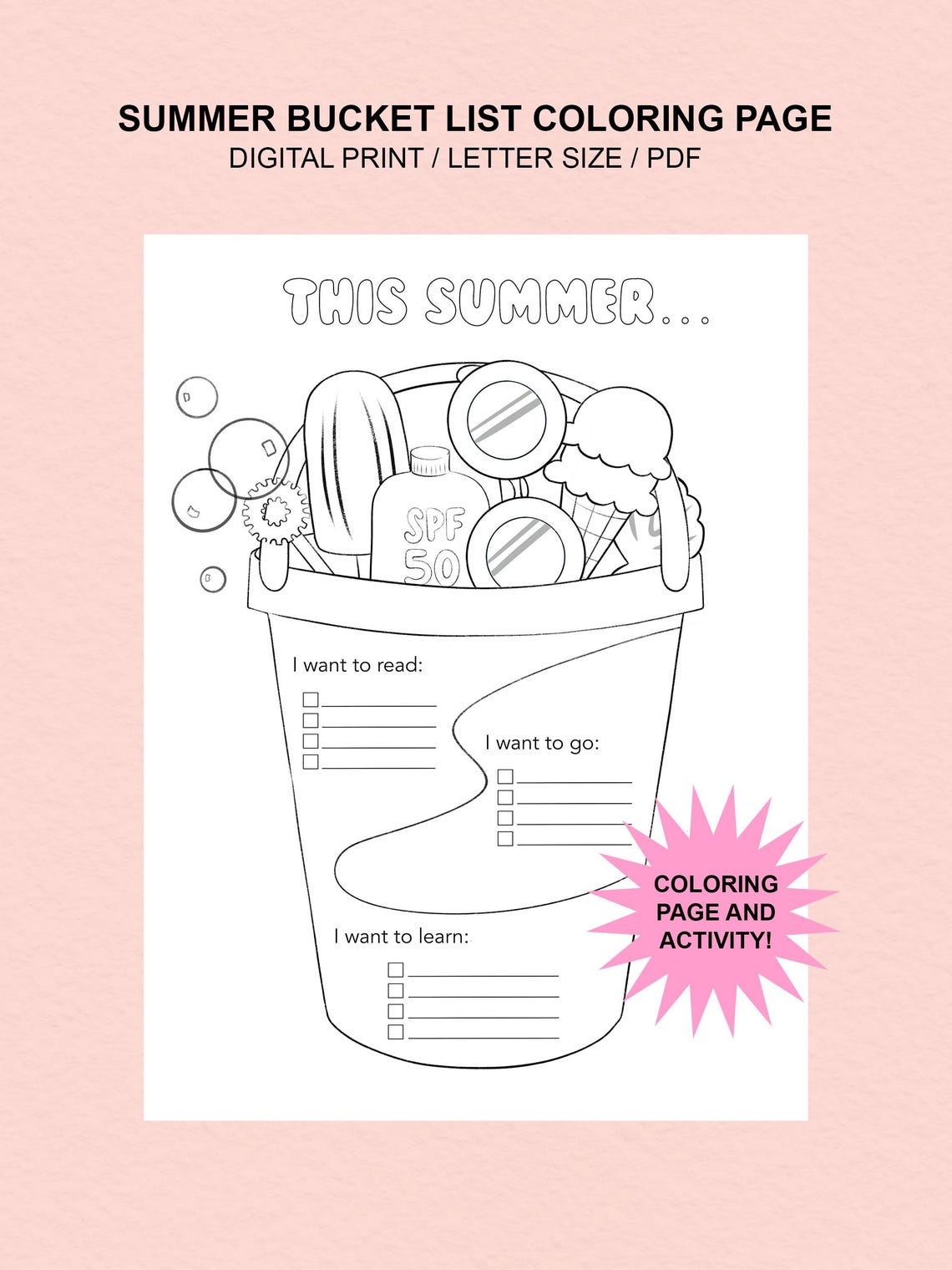 Summer Bucket List Coloring Page for Kids, Kids Activities Checklist ...