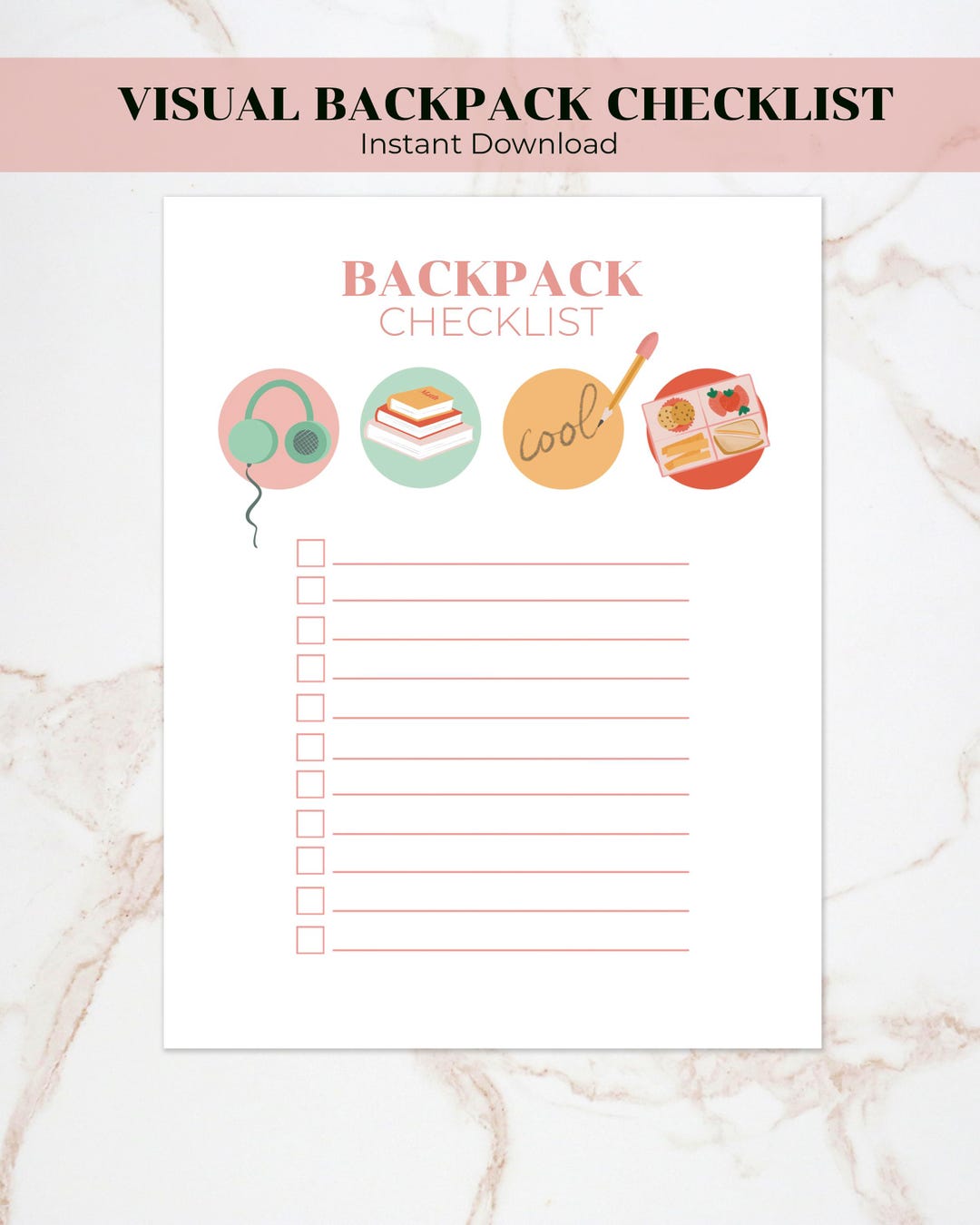 Kid's Backpack Checklist for Elementary School, Visual Routine Chart ...