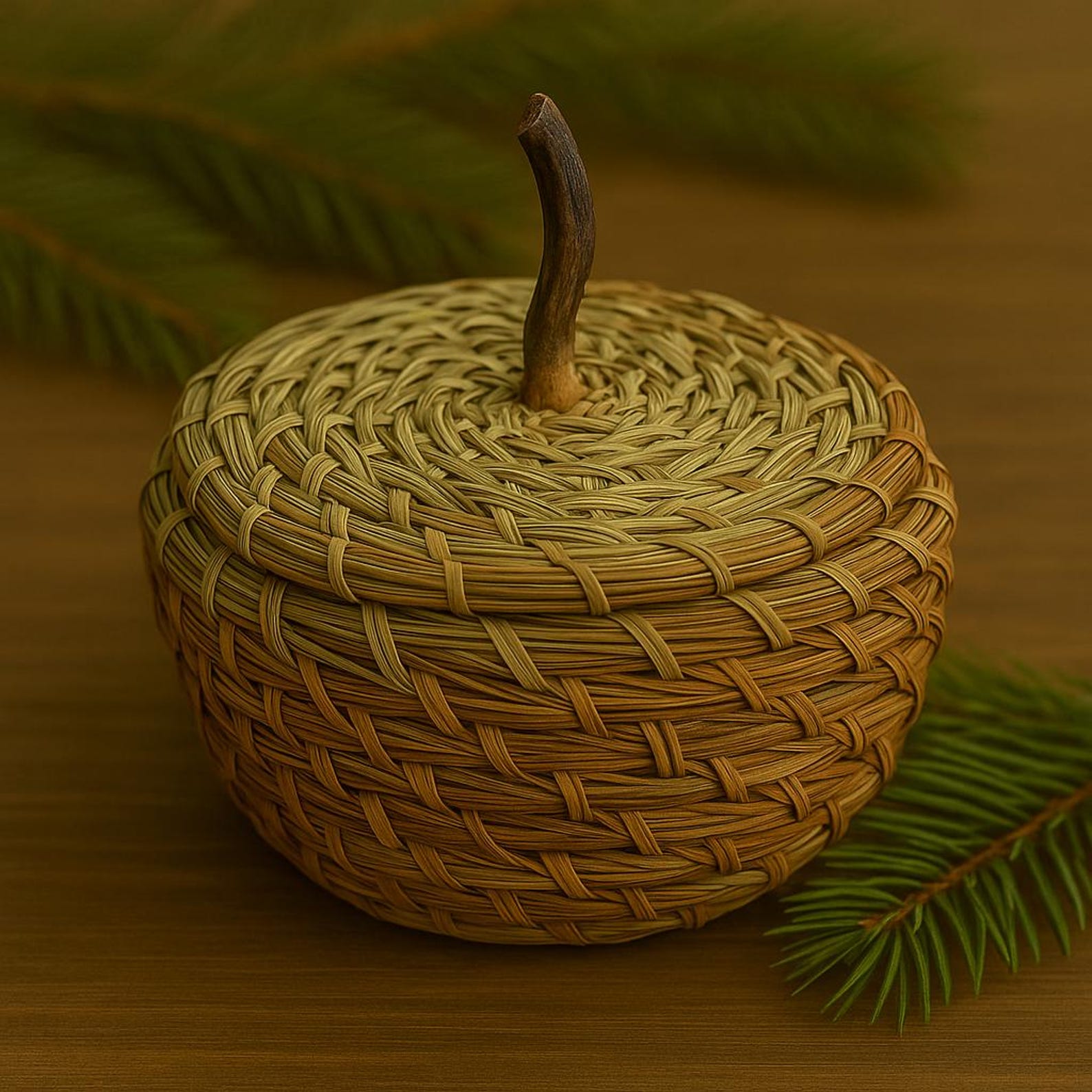 Handmade Pine Needle Box With Lid and Twig Handle | Natural Brown and ...